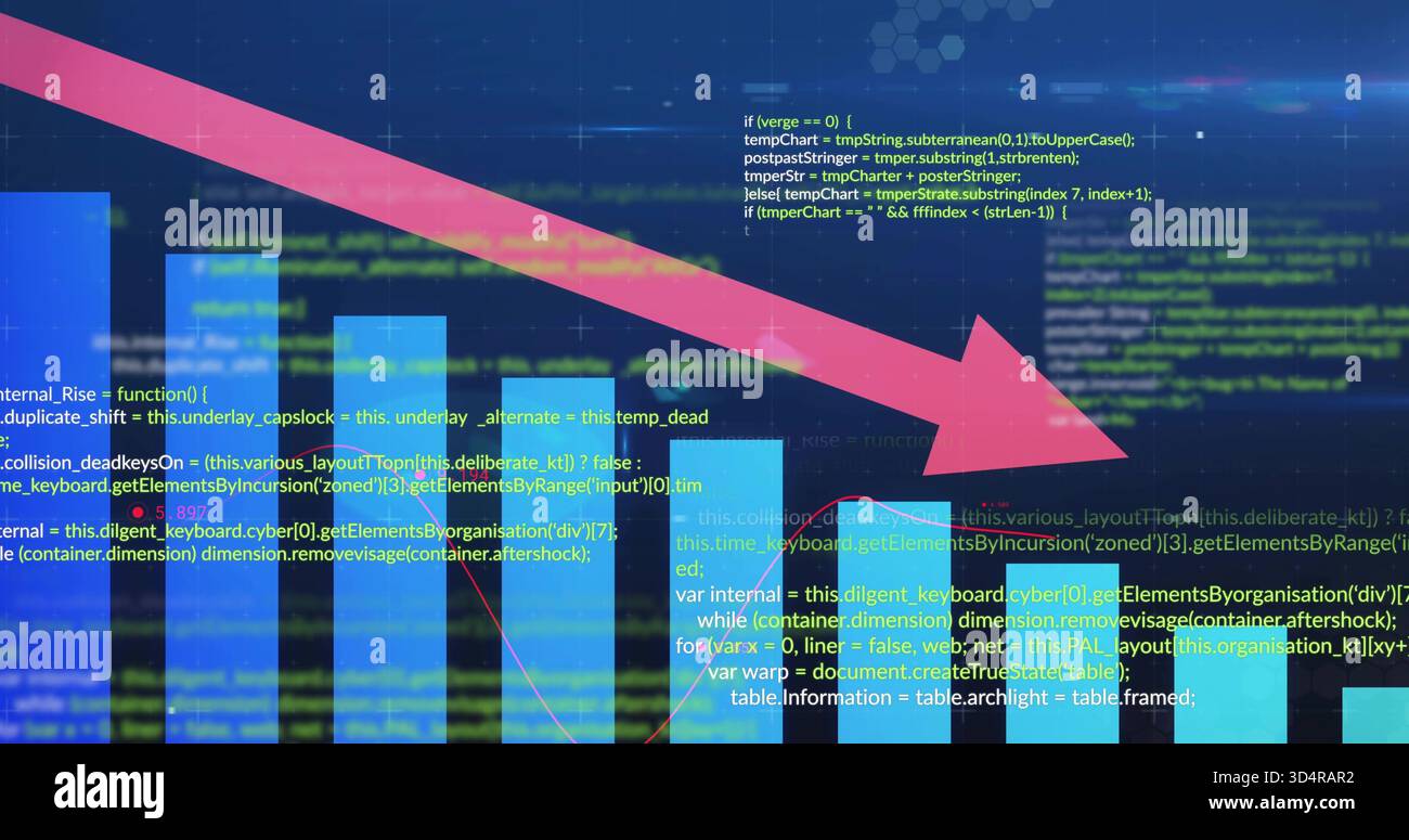Declining magenta arrow slanting across virtual dashboard, crossing ...