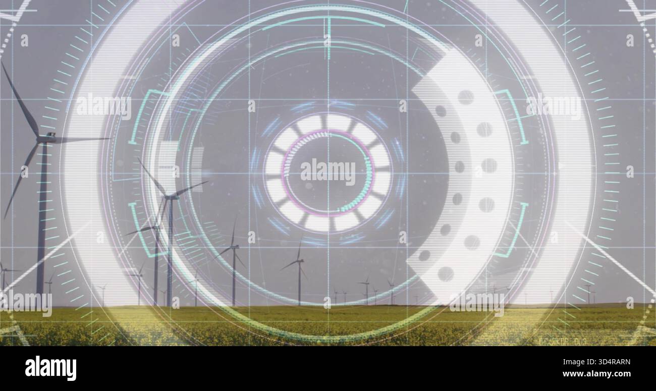 Dominating circular HUD overlay covering flat crop field at rural wind ...