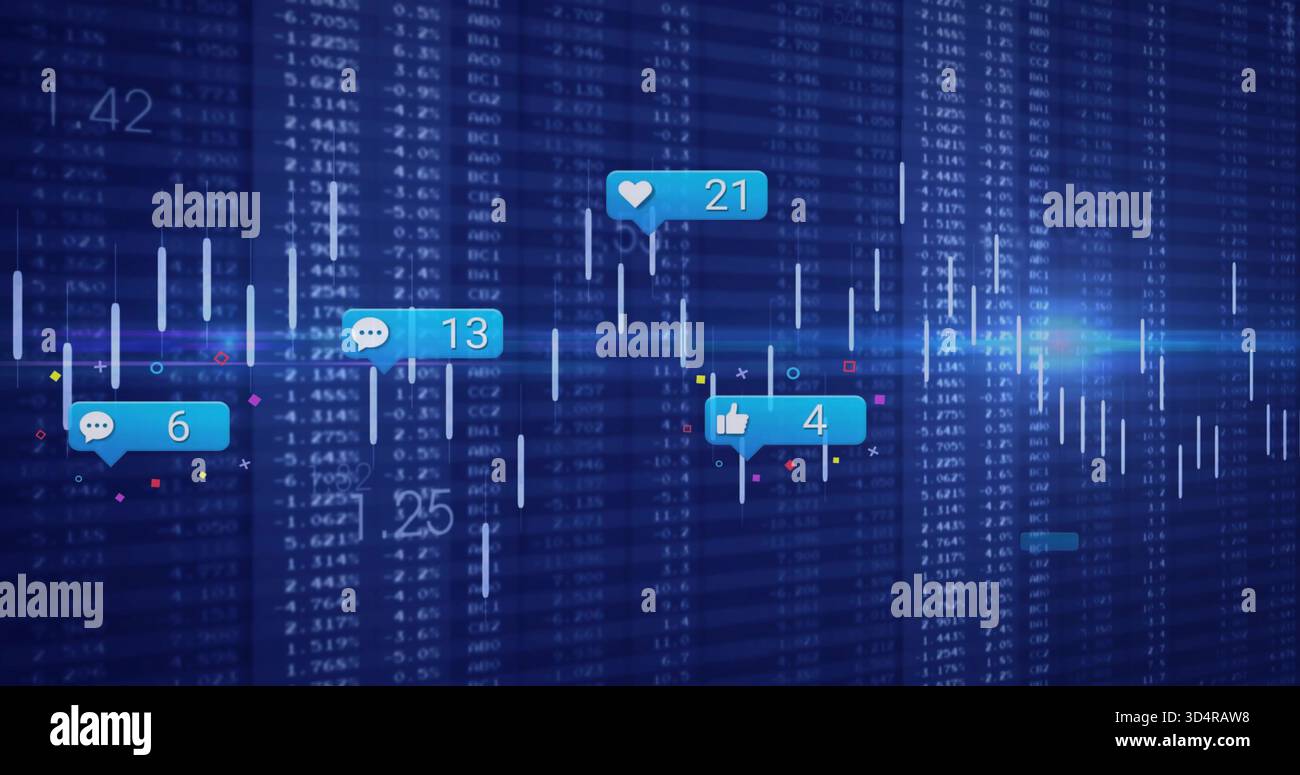 Floating blue notification bubbles showing numeric badges over trading ...
