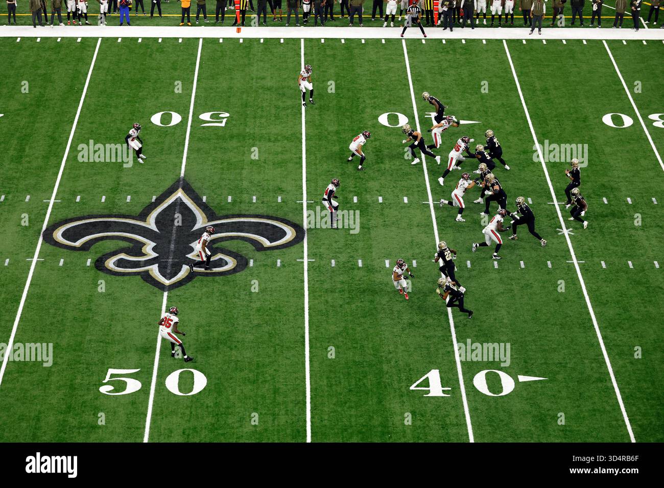 An elevated aerial view during an NFL football game between the New ...