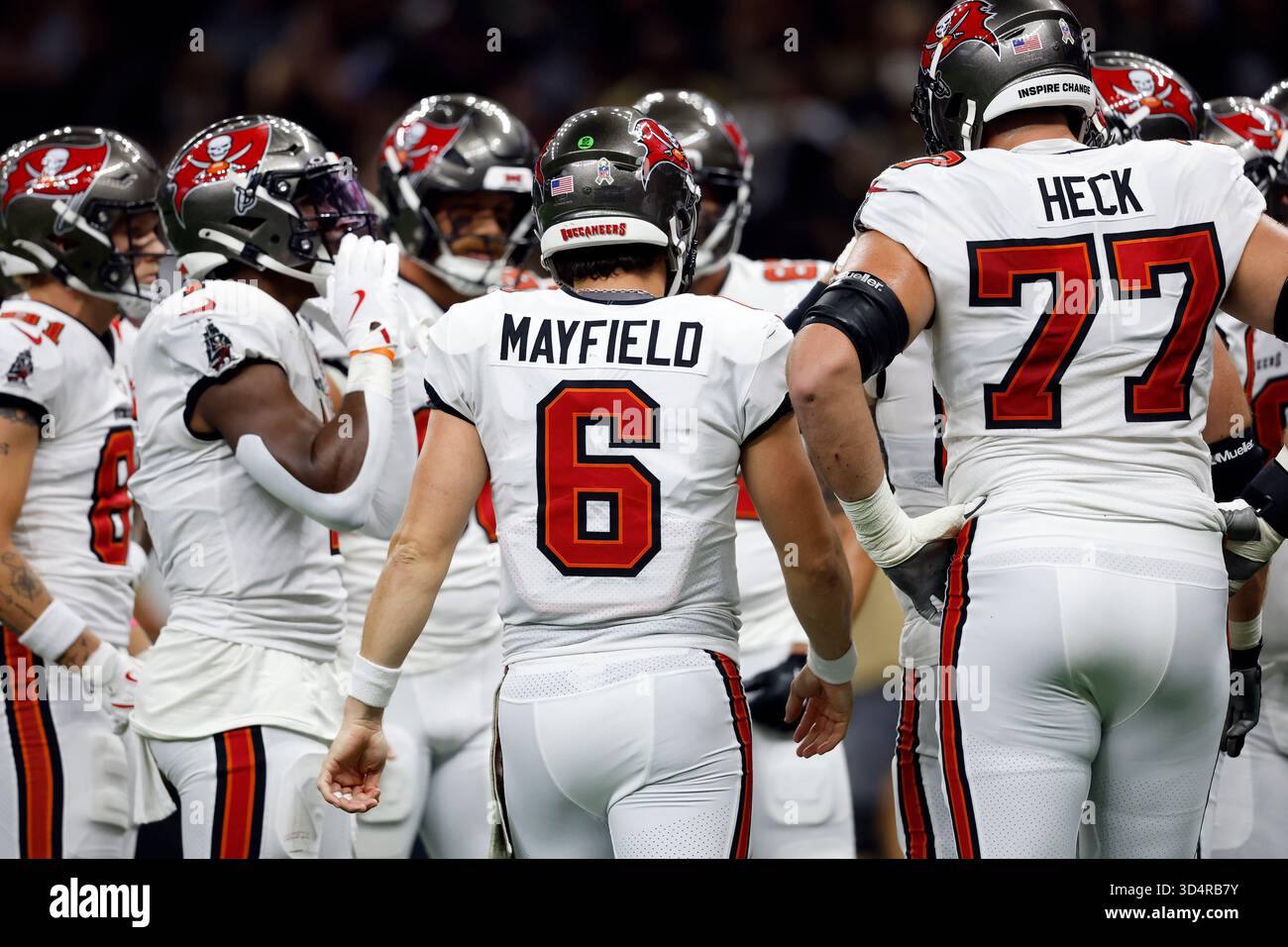 Tampa Bay Buccaneers quarterback Baker Mayfield (6) leads a team huddle ...