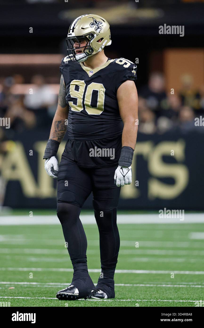 New Orleans Saints defensive tackle Bryan Bresee (90) waits for play to ...