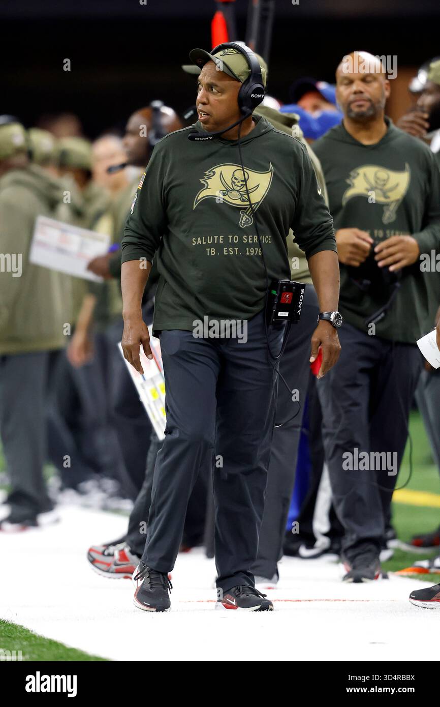 Tampa Bay Buccaneers pass game coordinator George Edwards reacts during ...