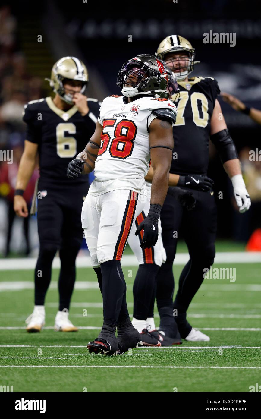 Tampa Bay Buccaneers linebacker Markees Watts (58) reacts after a play during an NFL football ...