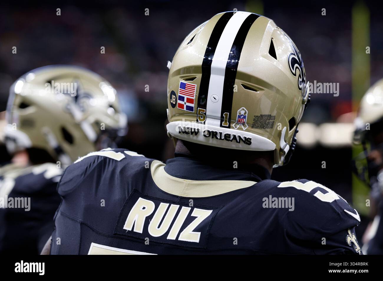 New Orleans Saints center Cesar Ruiz (51) wears an International flag ...