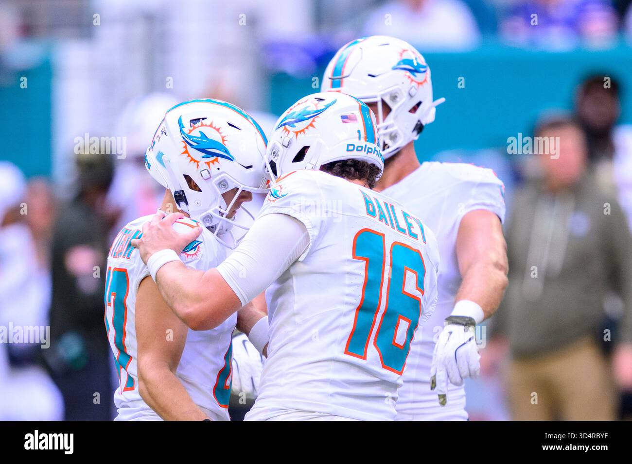 Miami Dolphins punter Jake Bailey (16) celebrates with kicker Riley ...