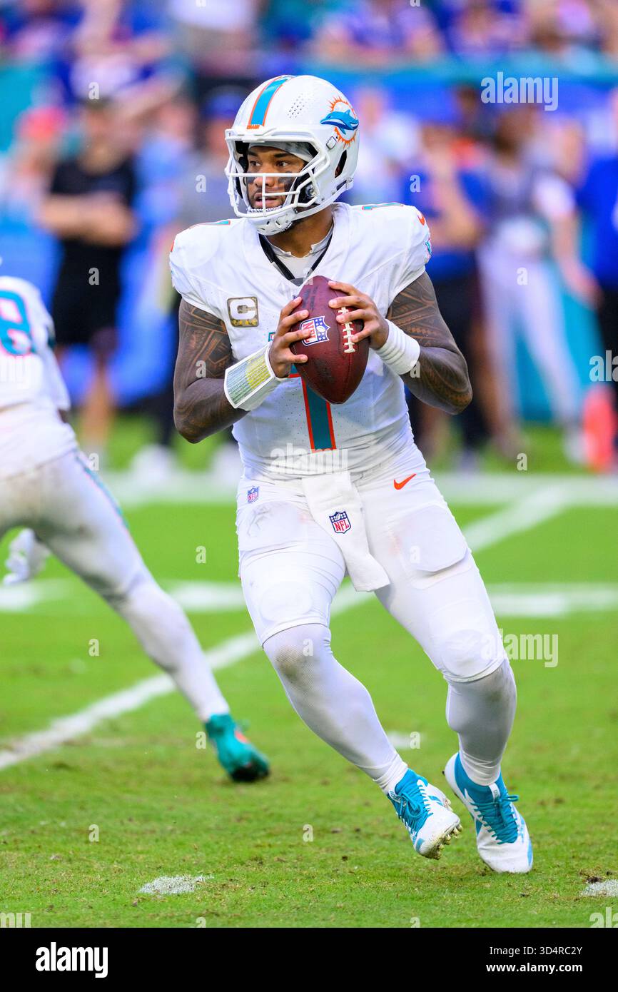 Miami Dolphins quarterback Tua Tagovailoa (1) looks to throw the ball ...
