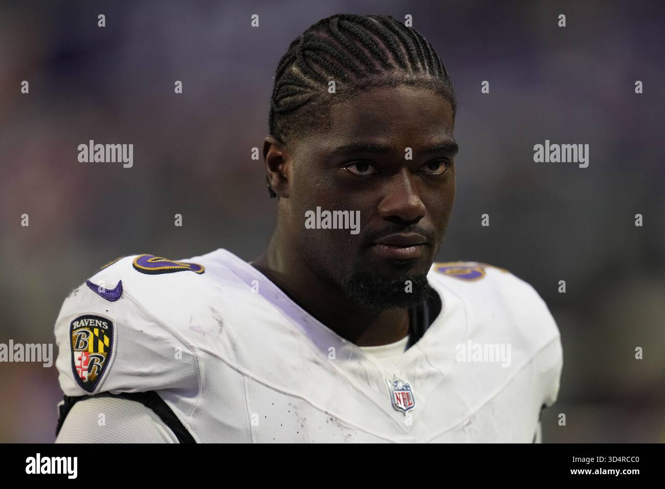 Baltimore Ravens linebacker David Ojabo (90) leaves the field after an ...