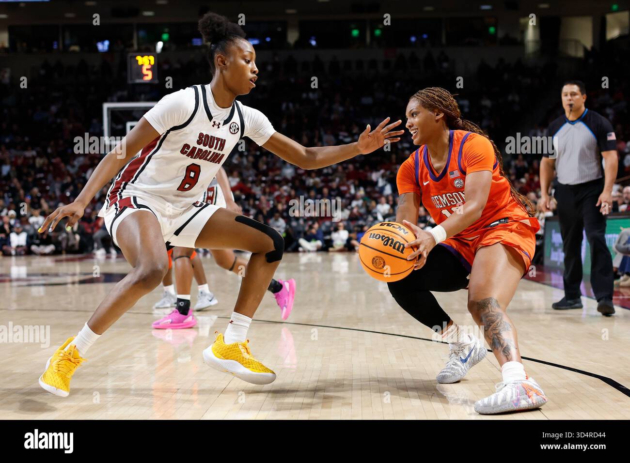 Clemson guard Taylor Johnson-Matthews, right, looks to drive against ...