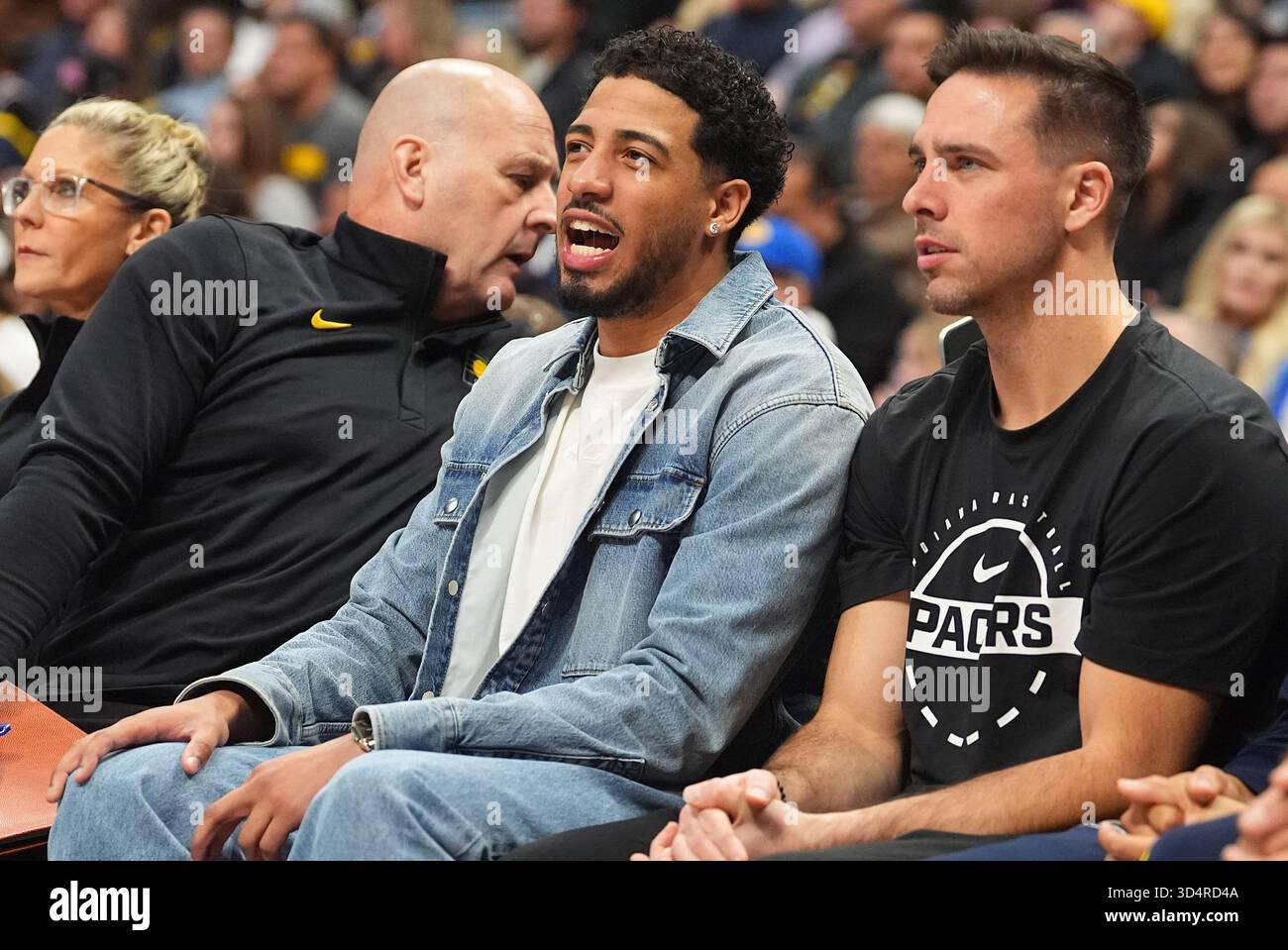Indiana Pacers guards Tyrese Haliburton (0) and T.J. McConnell (9) look ...