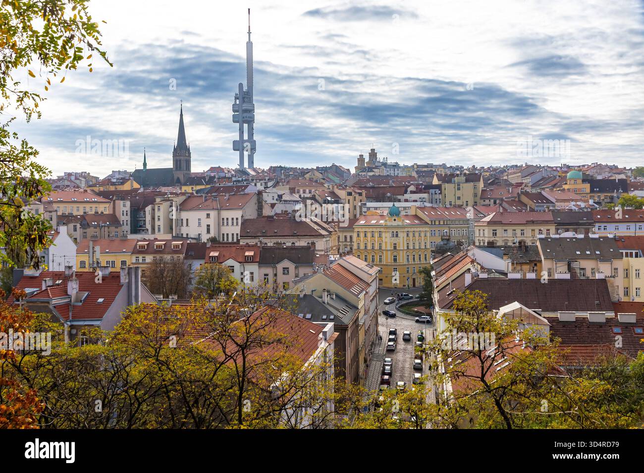 Autumn panoramic view of Prague old town with colorful historic ...