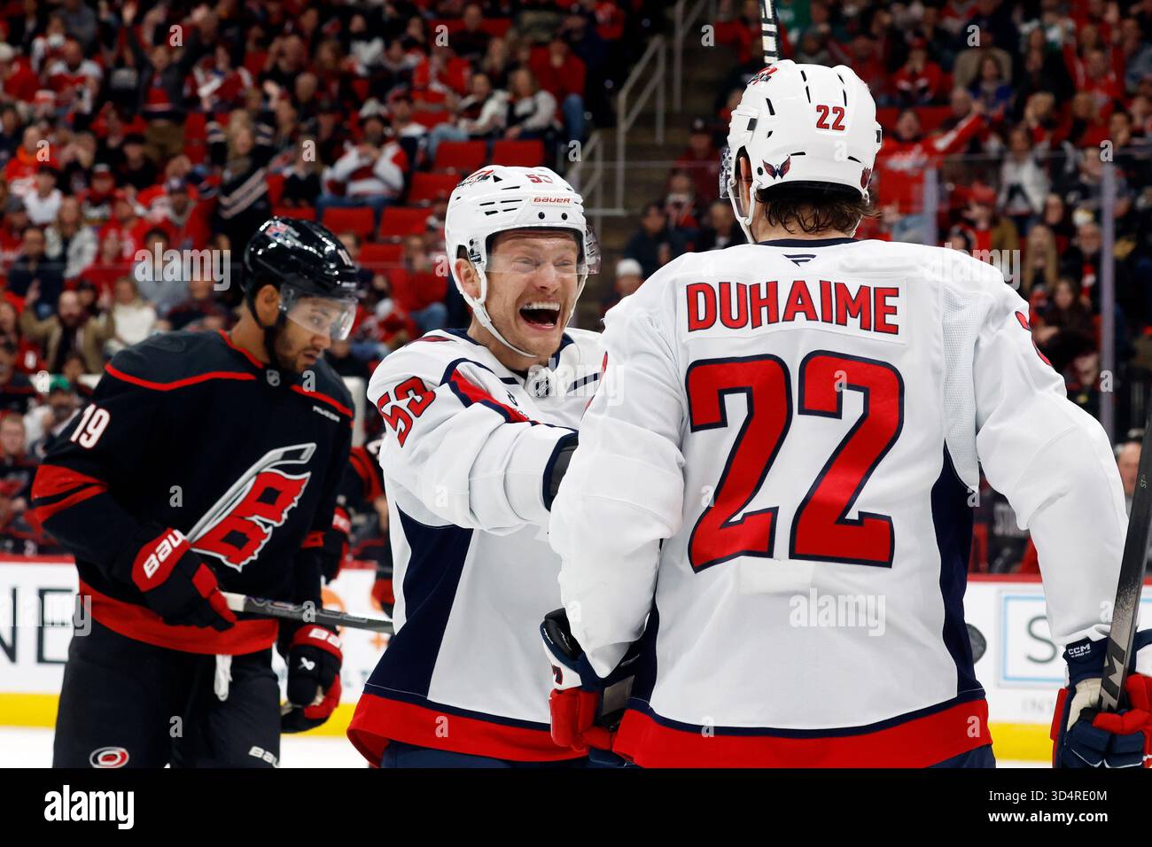 Washington Capitals' Brandon Duhaime (22) celebrates his goal with ...