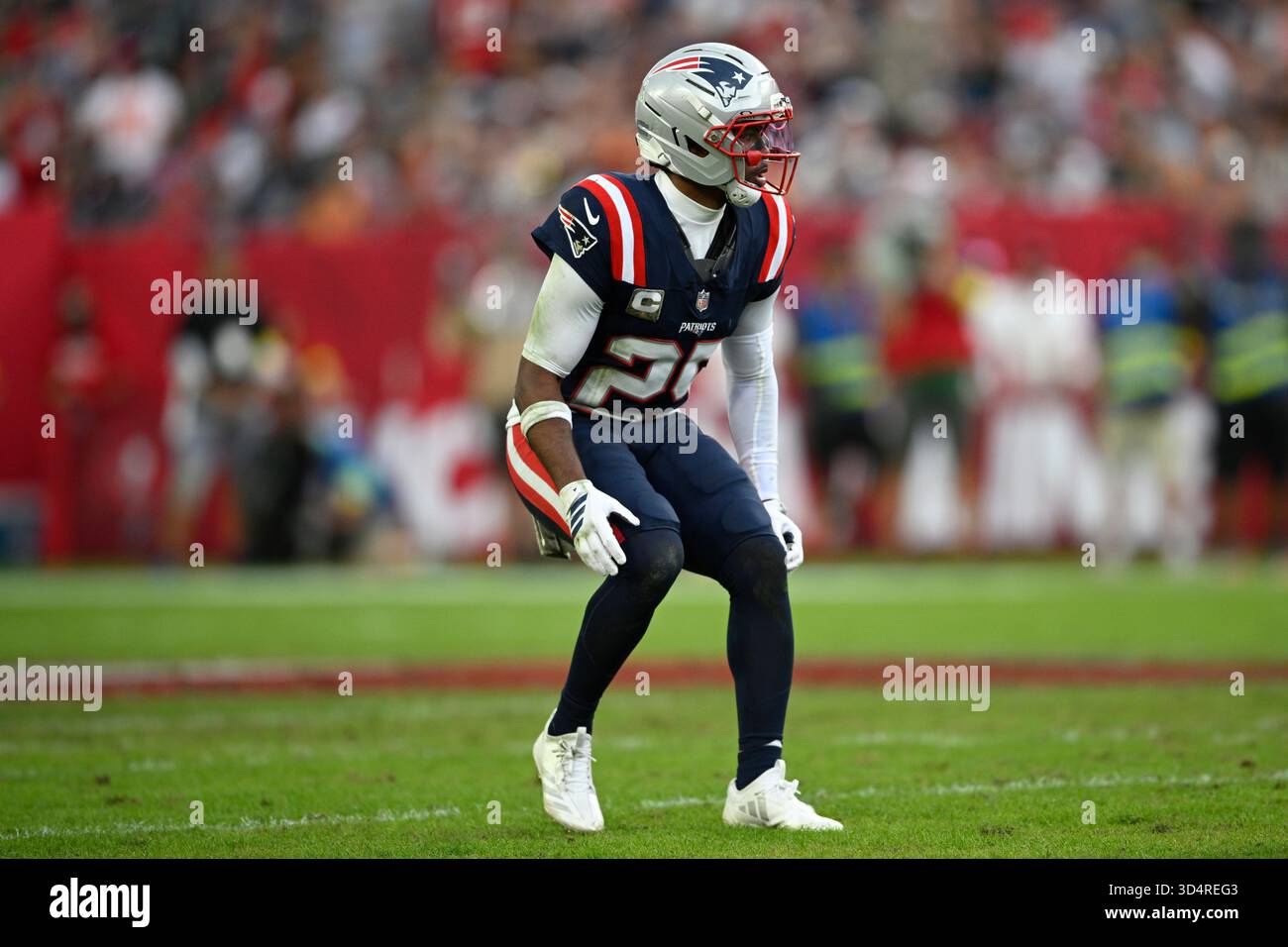 New England Patriots cornerback Marcus Jones (25) follows a play against the Tampa Bay ...