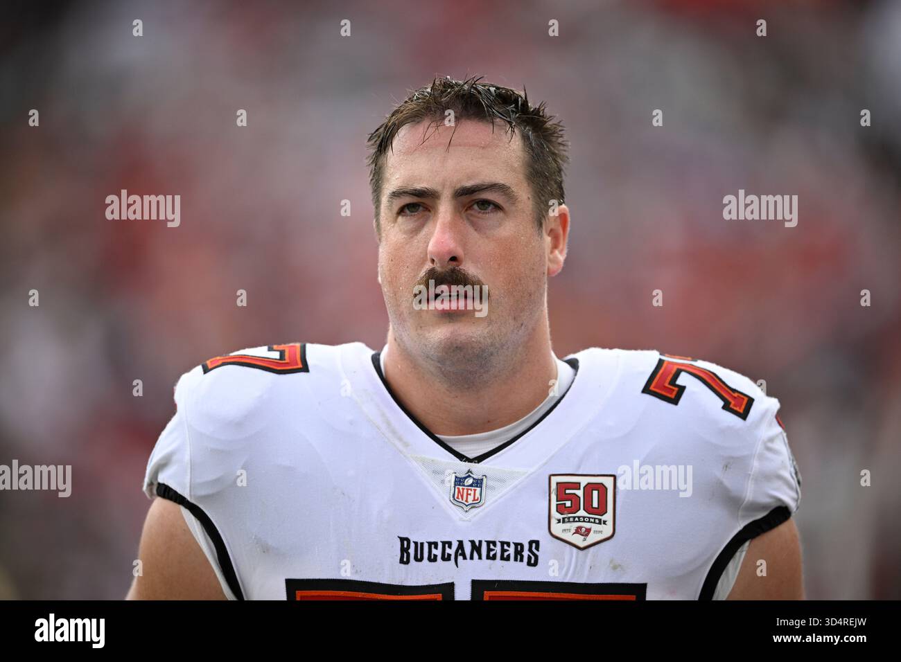 Tampa Bay Buccaneers offensive tackle Charlie Heck (77) looks on from ...