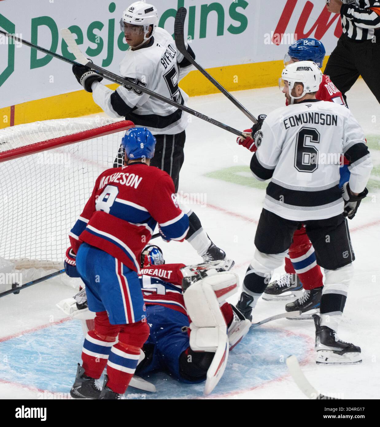 Los Angeles Kings' Quinton Byfield scores on Montreal Canadiens goaltender Sam Montembeault ...