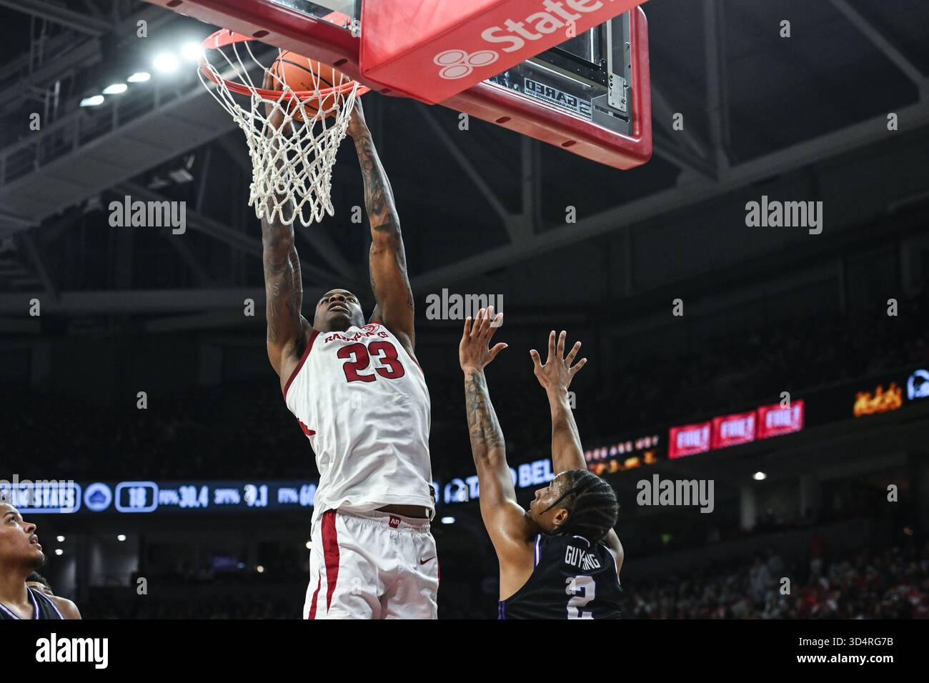 Arkansas forward Nick Pringle (23) dunks the ball over Central Arkansas ...