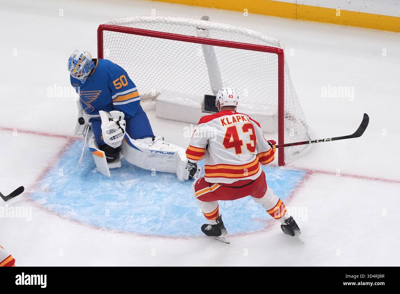 Calgary Flames' Adam Klapka (43) is unable to score past St. Louis ...