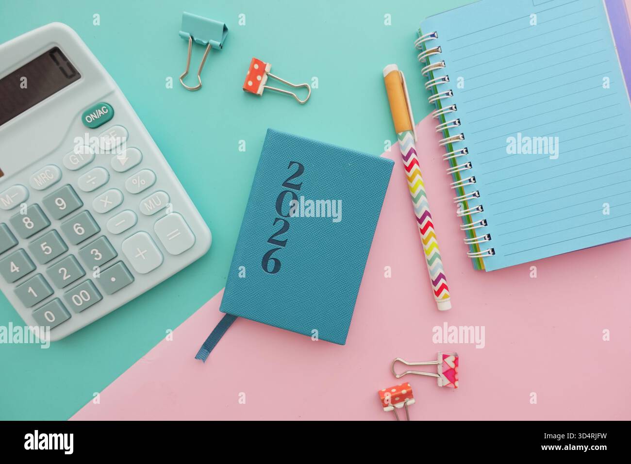 Colorful desk setup with 2026 planner and office supplies Stock Photo ...