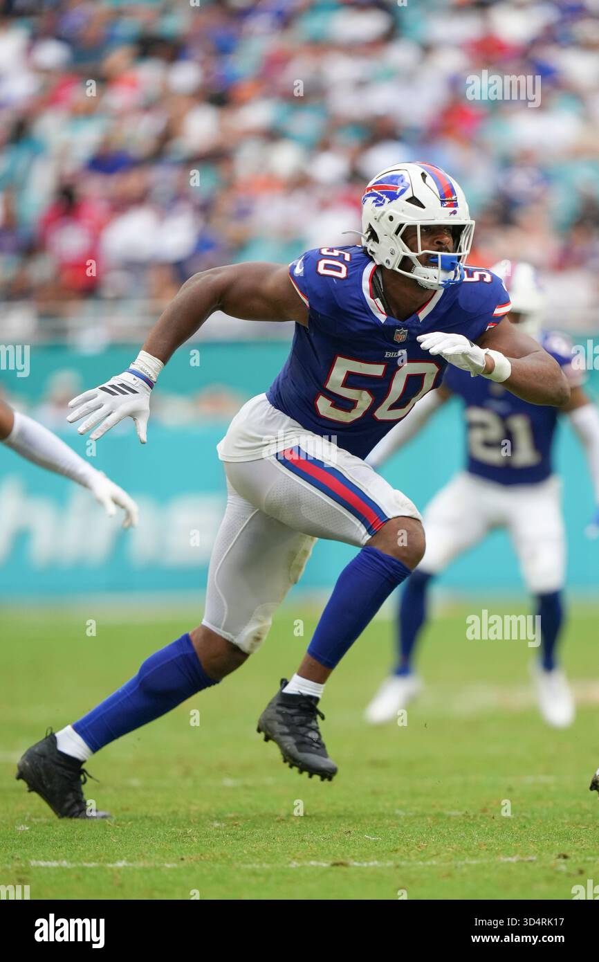 Buffalo Bills defensive end Greg Rousseau (50) runs tot he ball carrier ...