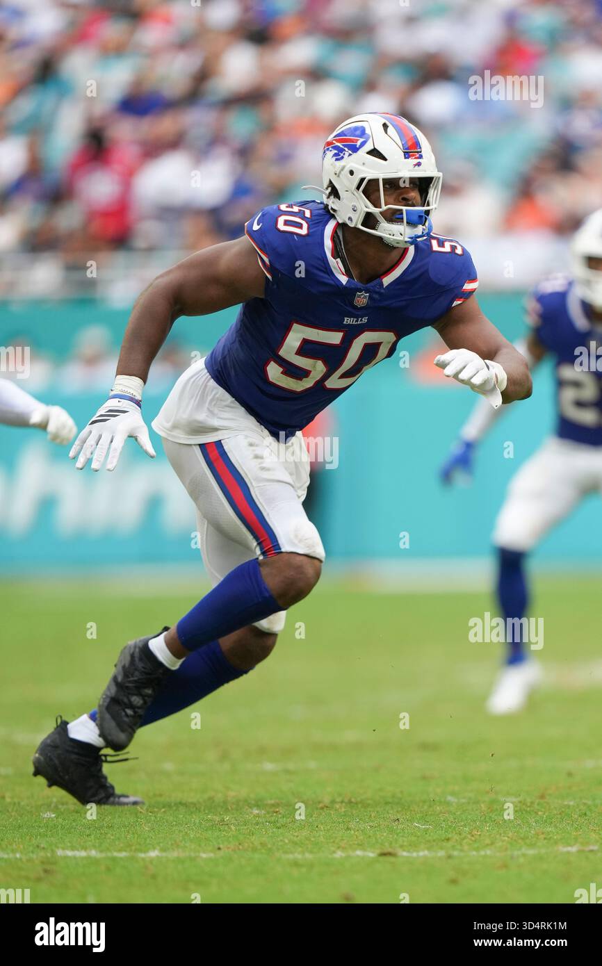 Buffalo Bills defensive end Greg Rousseau (50) runs tot he ball carrier ...