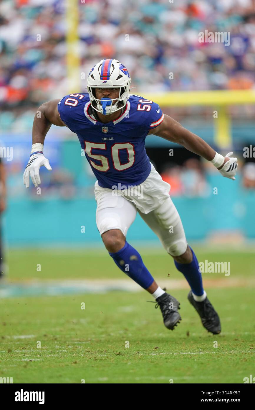 Buffalo Bills defensive end Greg Rousseau (50) runs tot he ball carrier ...