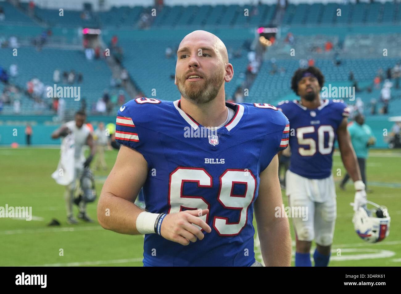 Buffalo Bills long snapper Reid Ferguson (69) leaves the field ...