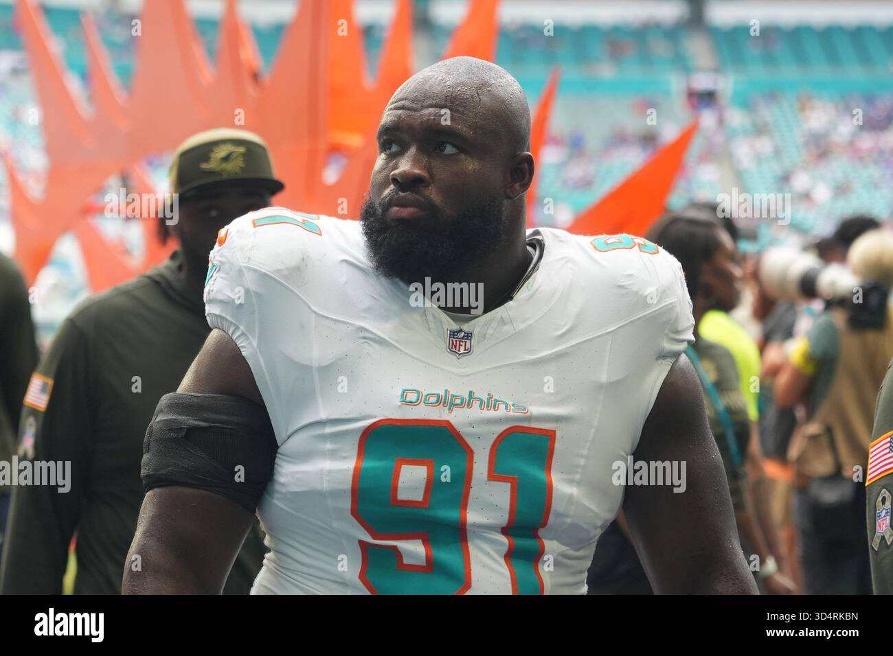 Miami Dolphins defensive tackle Matthew Butler (91) leaves the field ...