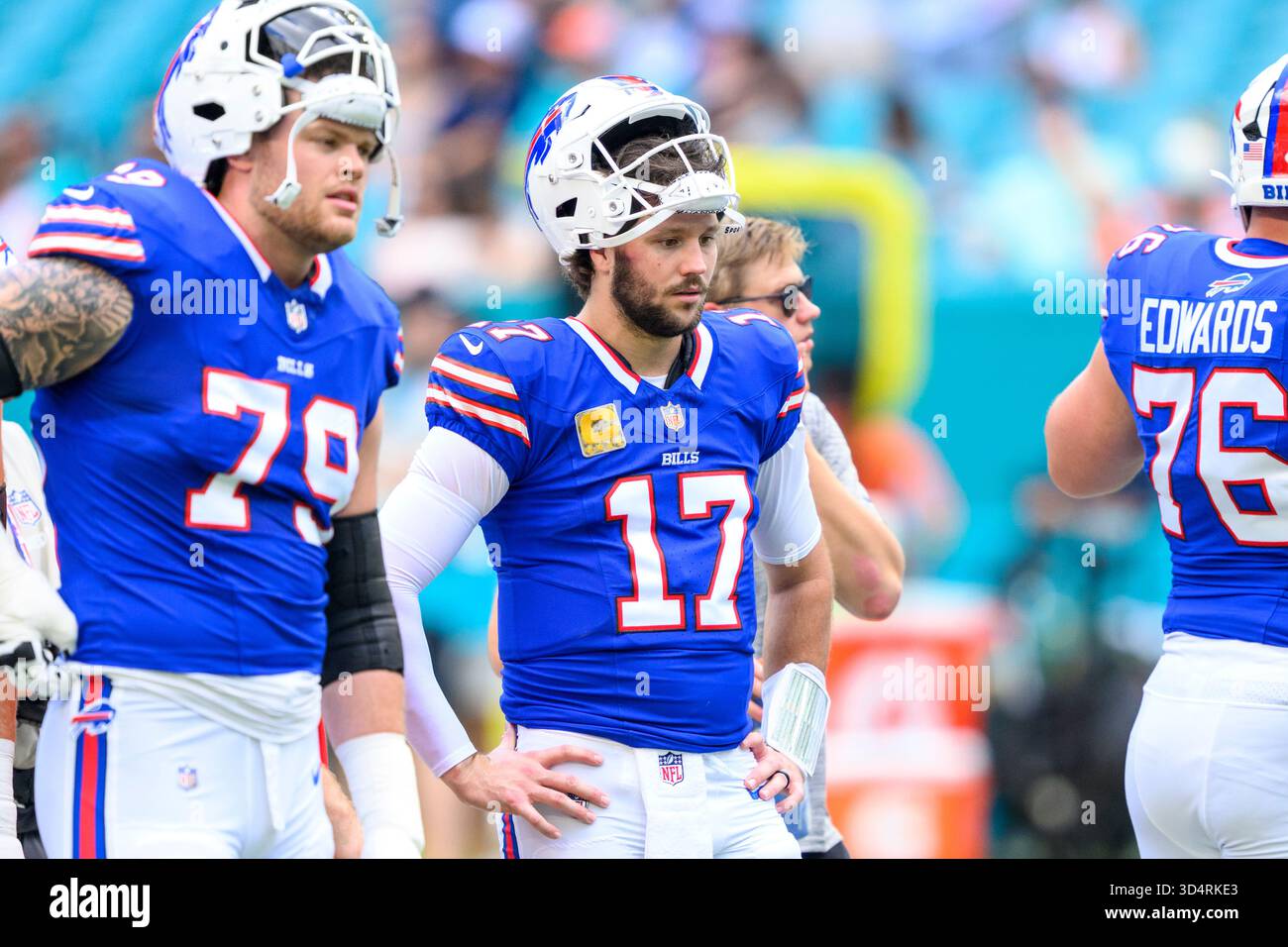 Buffalo Bills quarterback Josh Allen (17) and tackle Spencer Brown (79 ...