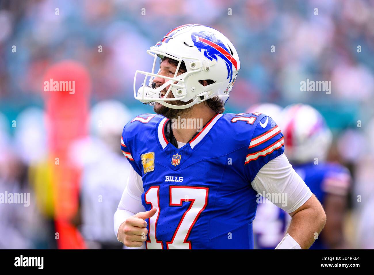 Buffalo Bills quarterback Josh Allen (17) walks off of the field during ...