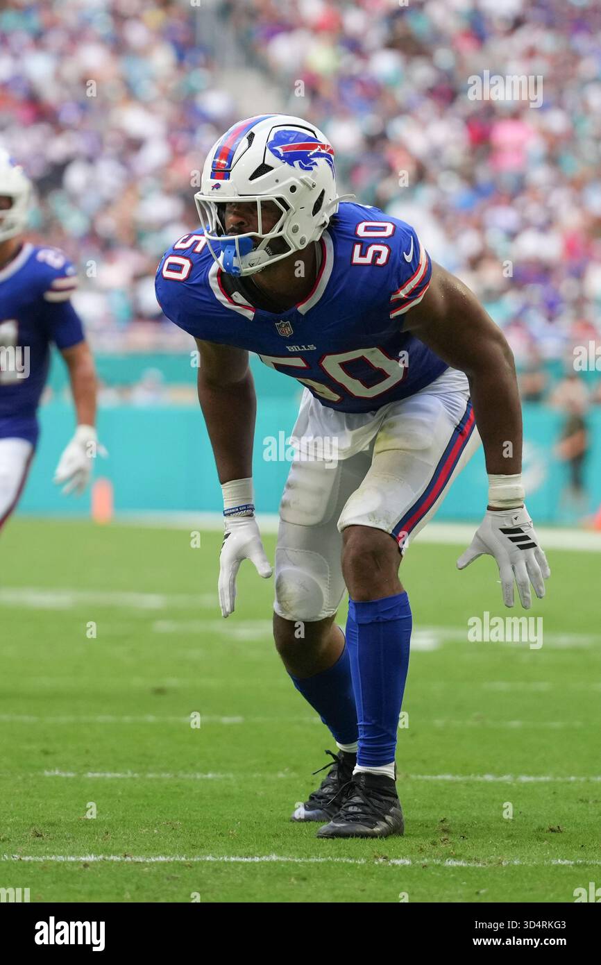 Buffalo Bills defensive end Greg Rousseau (50) watches the passer ...