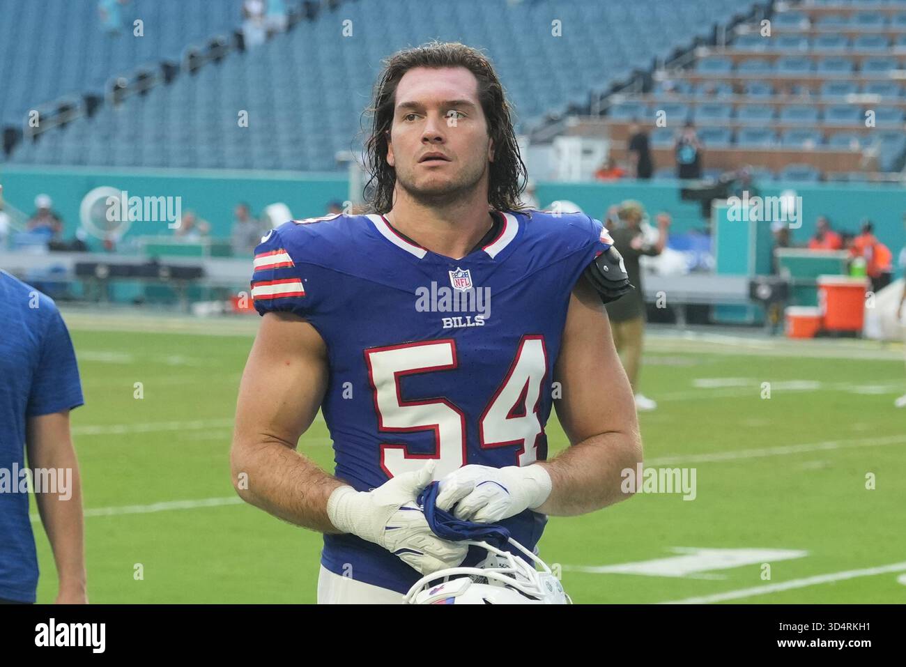 Buffalo Bills linebacker Baylon Spector (54) leaves the field following ...