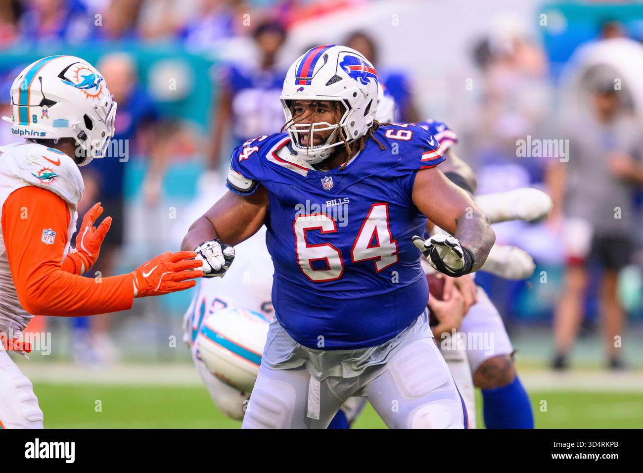 Buffalo Bills guard O'Cyrus Torrence (64) prepares to block during an ...