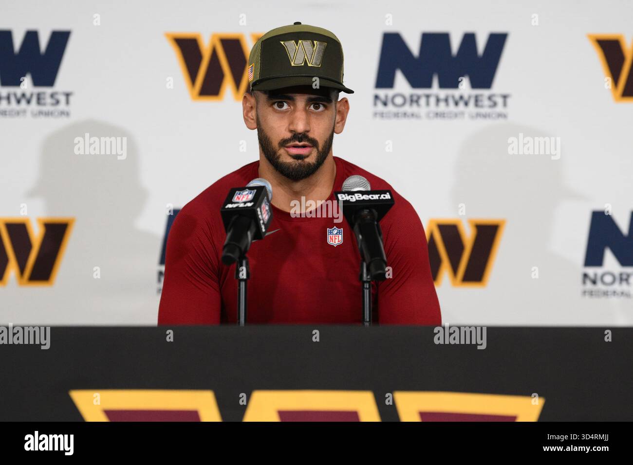 Washington Commanders quarterback Marcus Mariota speaks during a news ...