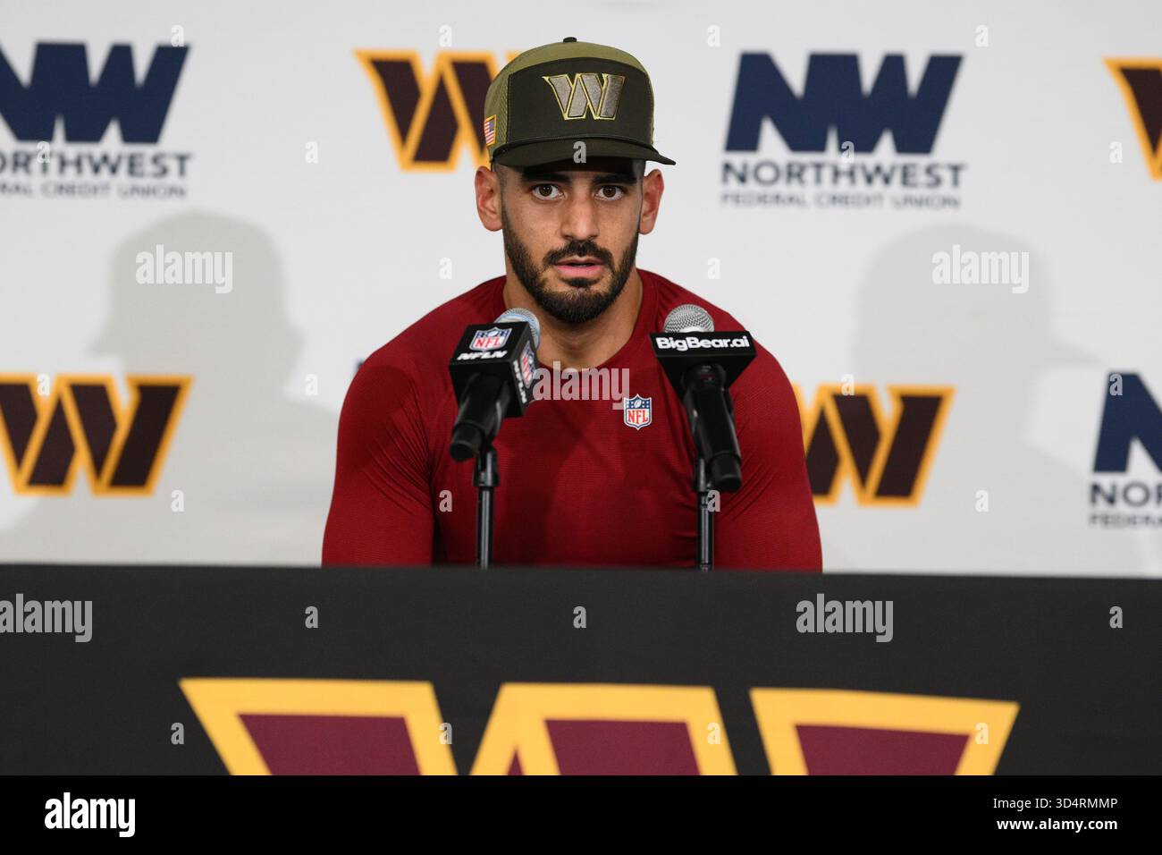 Washington Commanders quarterback Marcus Mariota speaks during a news ...