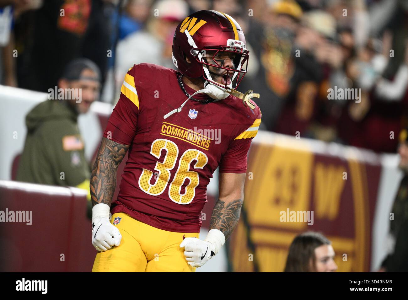 Washington Commanders running back Chris Rodriguez Jr. (36) reacts ...