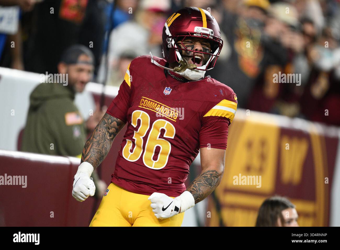 Washington Commanders running back Chris Rodriguez Jr. (36) reacts ...