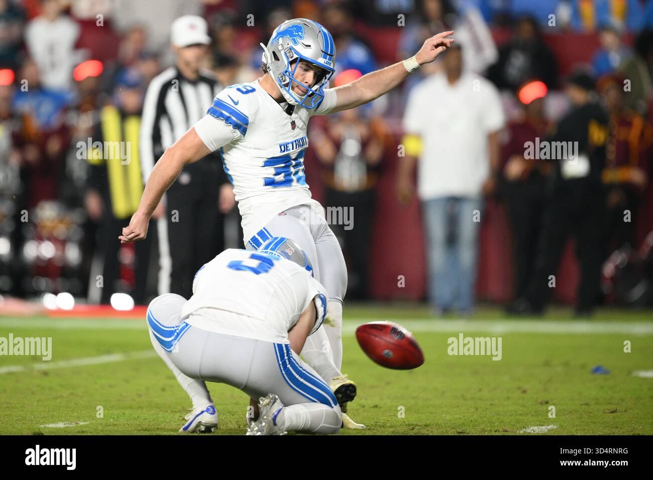 Detroit Lions place kicker Jake Bates (39) in action during the first ...