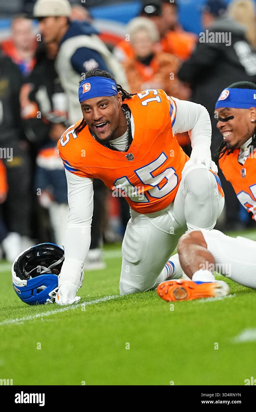 Denver Broncos linebacker Nik Bonitto (15) smiles prior to the game ...