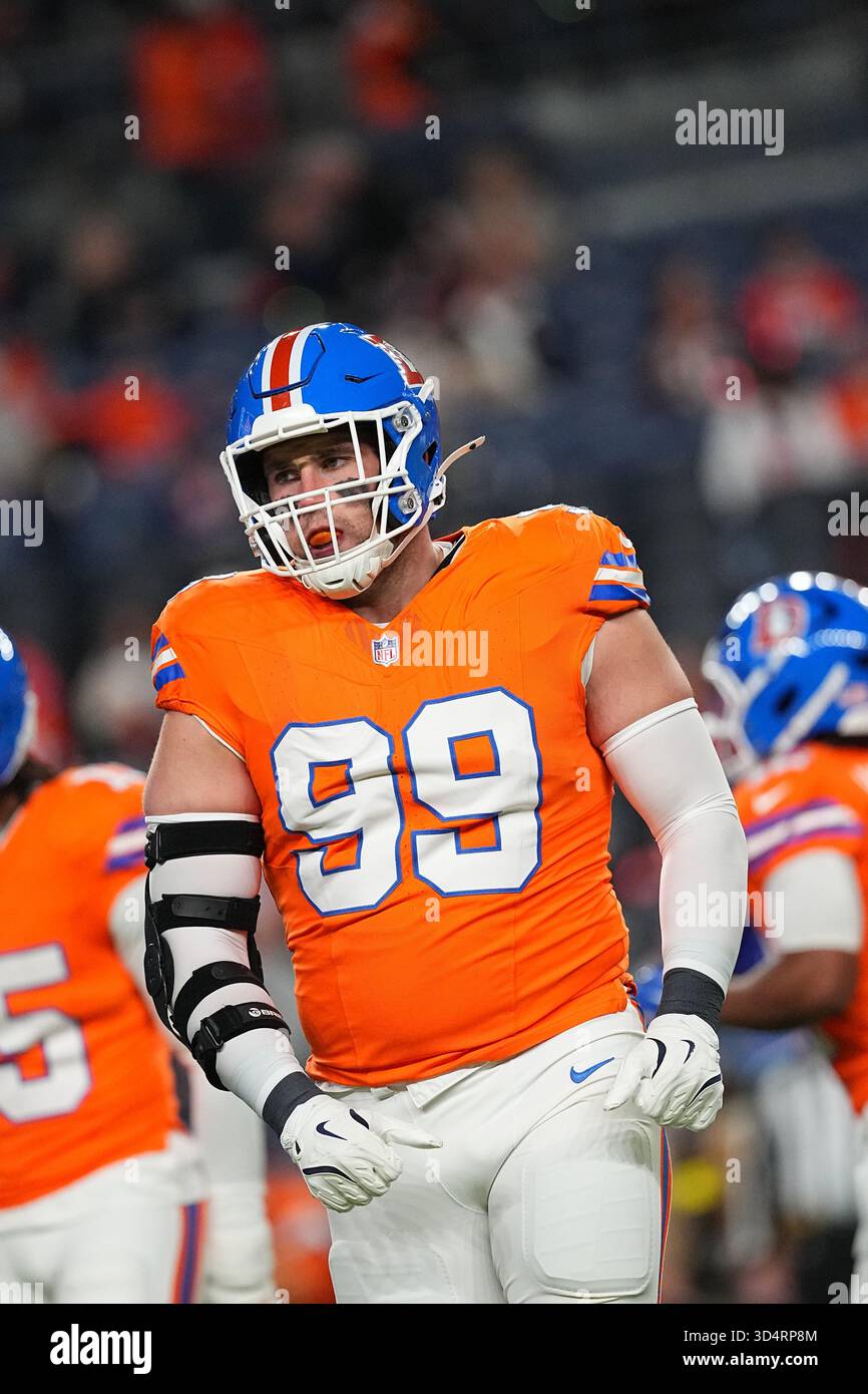 Denver Broncos defensive end Zach Allen (99) prior to the game against the Las Vegas Raiders ...