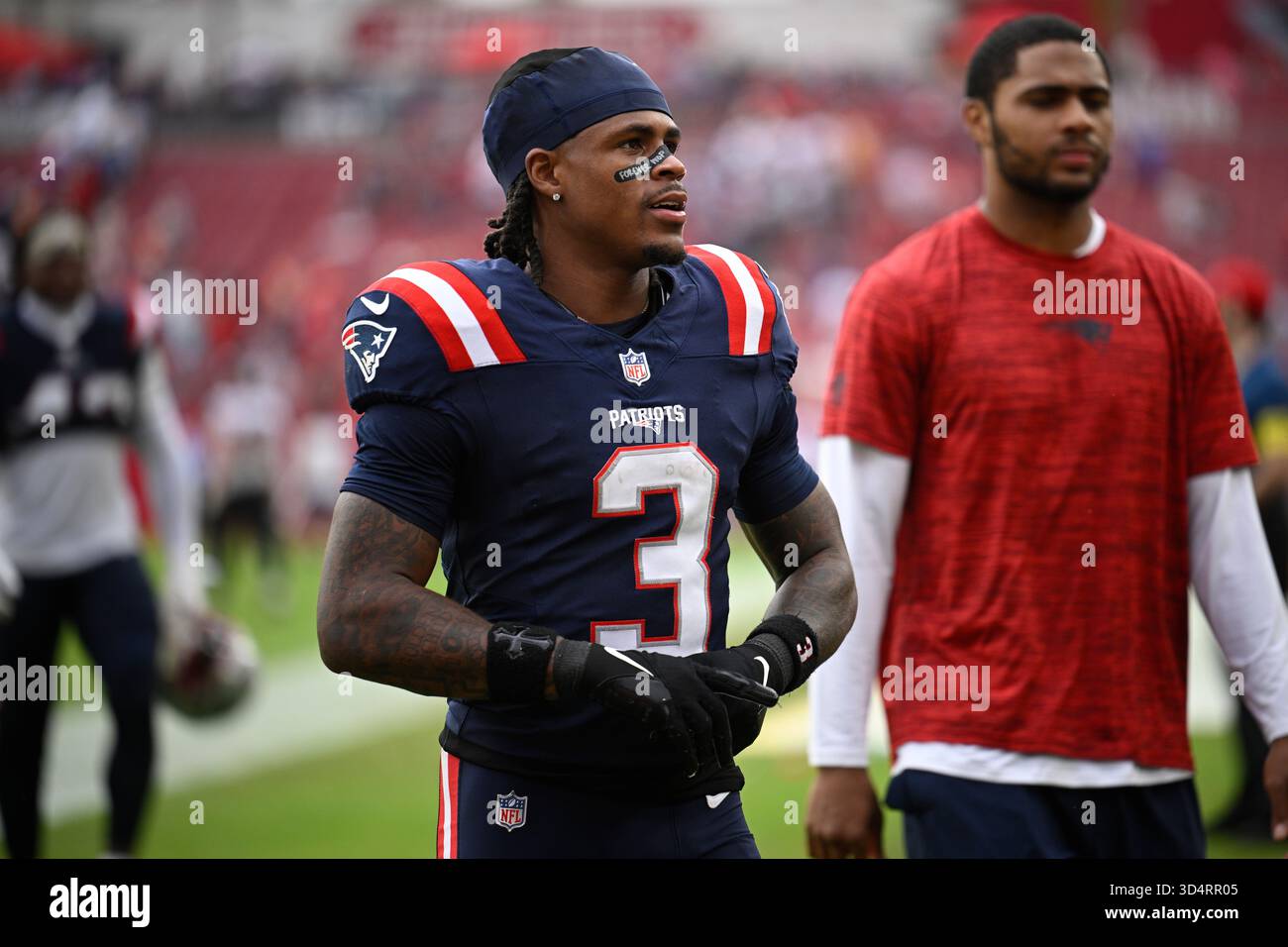 New England Patriots wide receiver DeMario Douglas (3) leaves the field ...