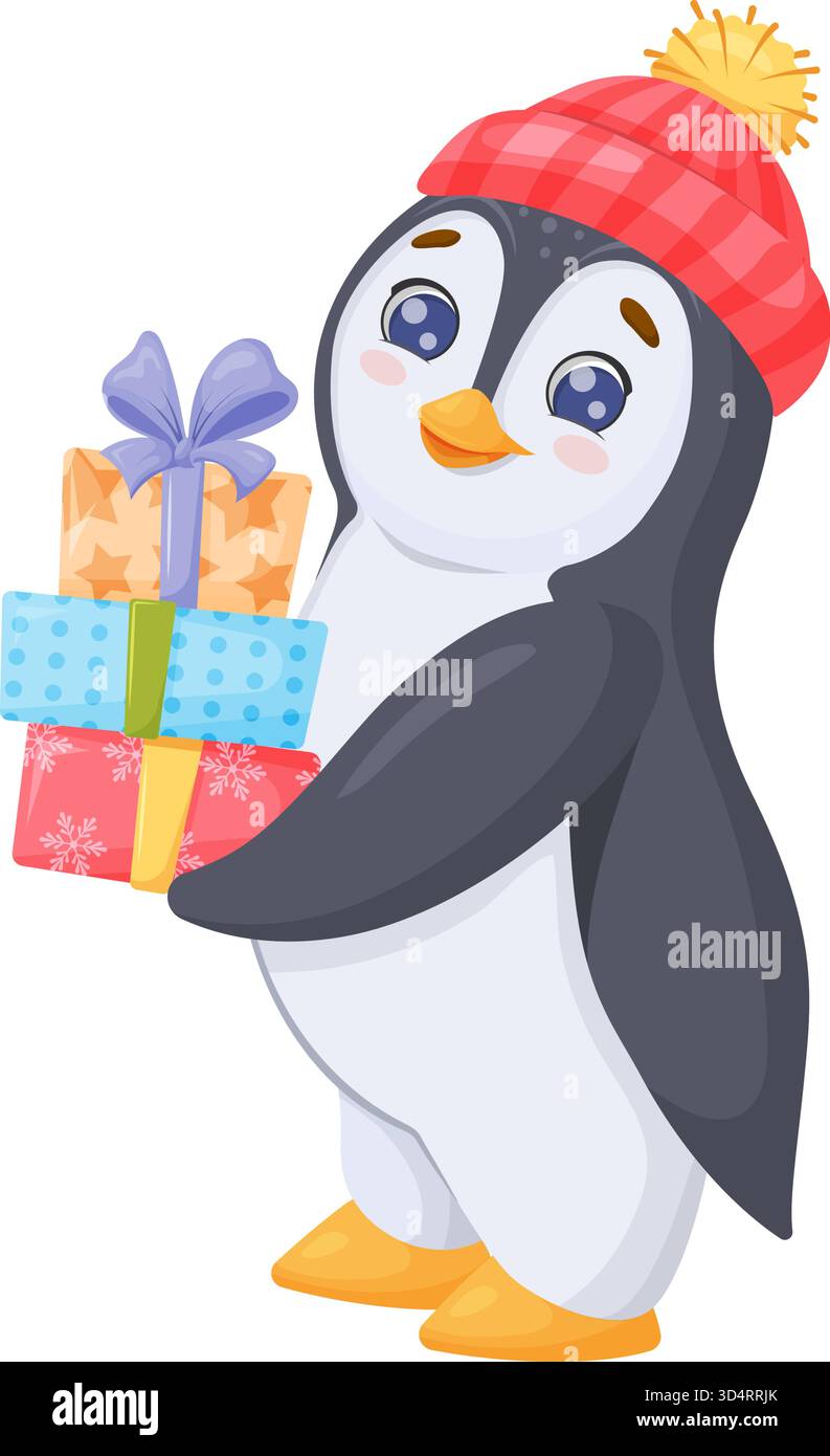 cute baby penguin with gift boxes, festive penguin holding gifts ...