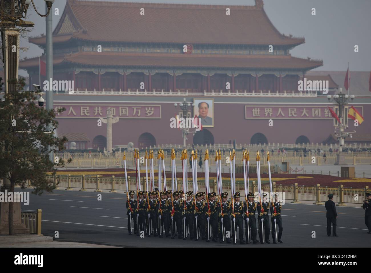 Members of the honor guard get ready for a welcoming ceremony for Spain ...