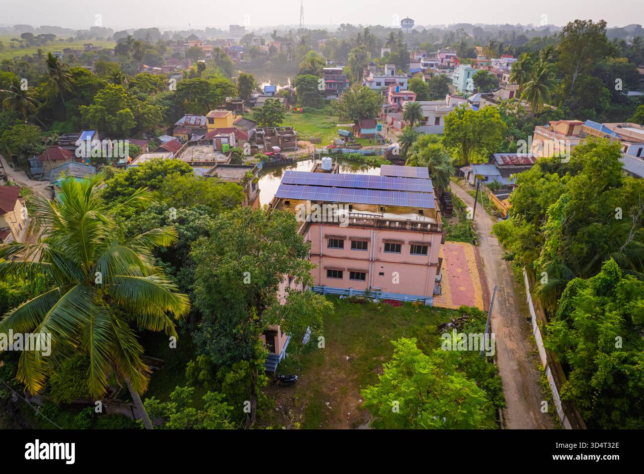 Aerial top view of Indian suburban houses with rooftop solar panels and ...