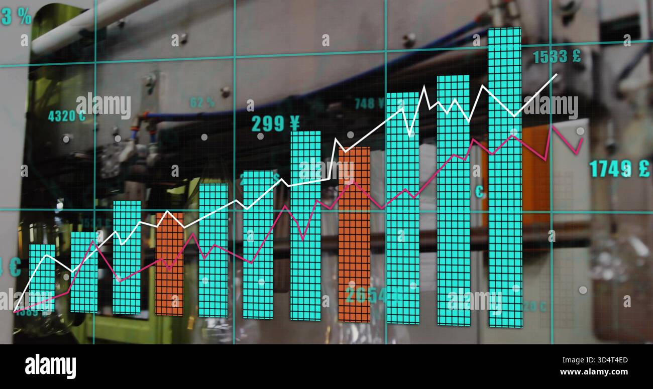 Displaying chart overlay over factory, with turquoise and orange bars ...