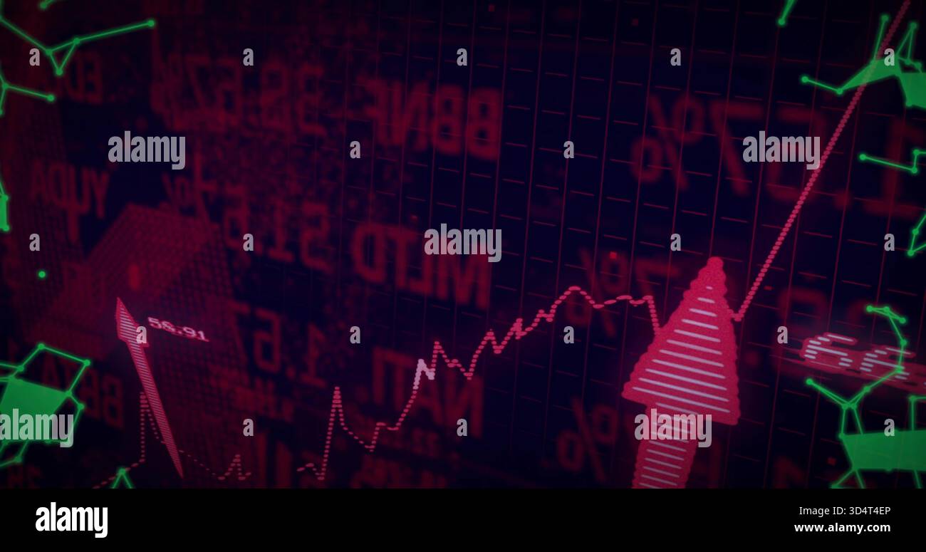 Displaying red jagged line chart with striped arrows on dark grid ...