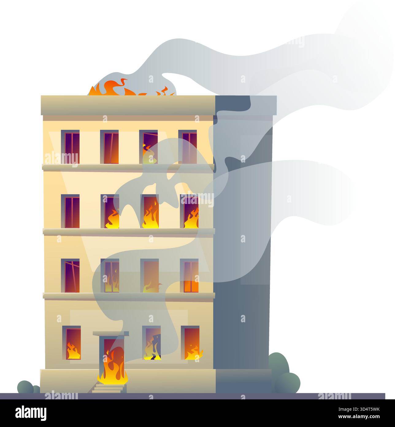 Severe fire in apartment building. Flames and fume smoke clouds in ...