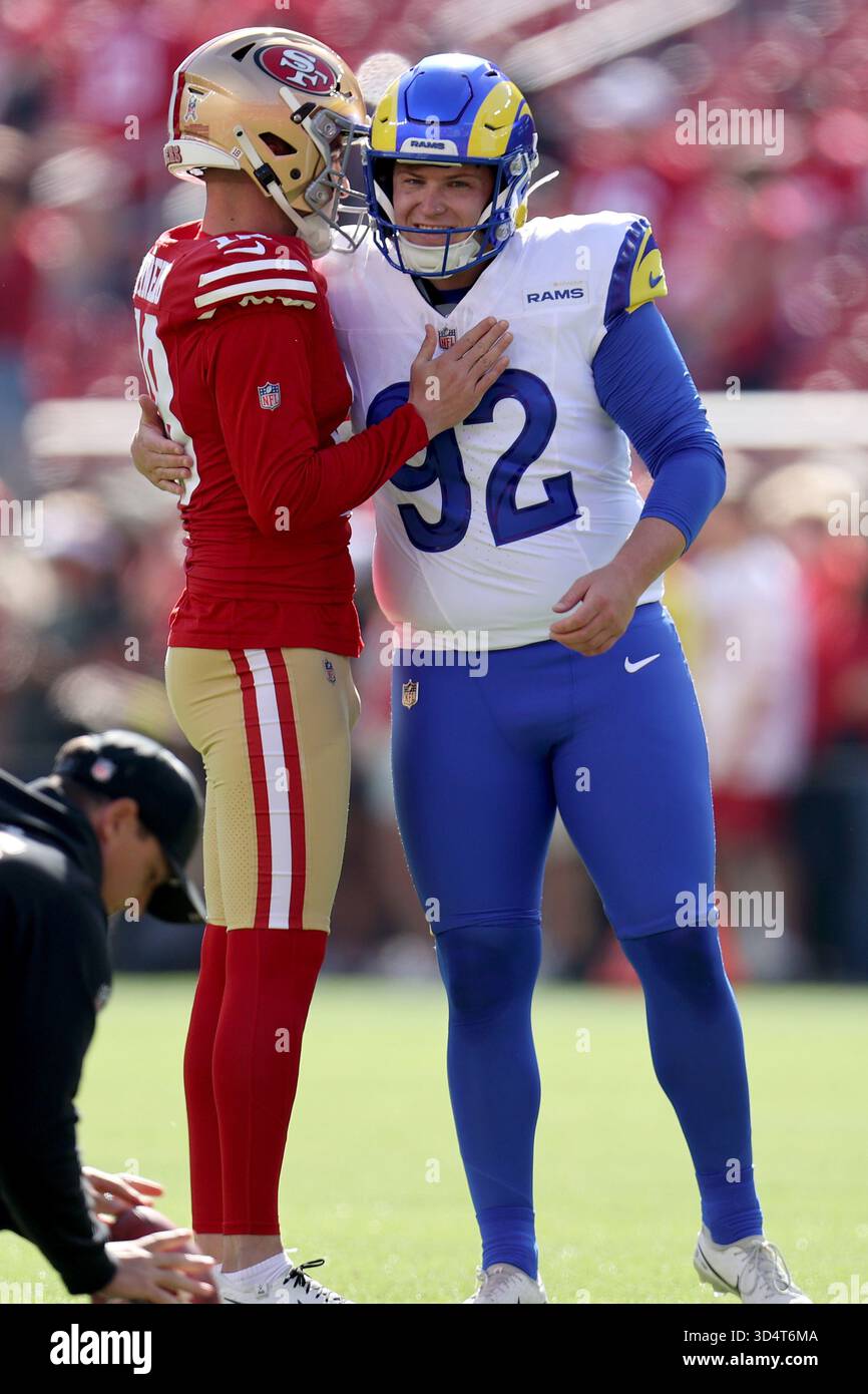 San Francisco 49ers kicker Eddy Piñeiro (18) greets Los Angeles Rams ...