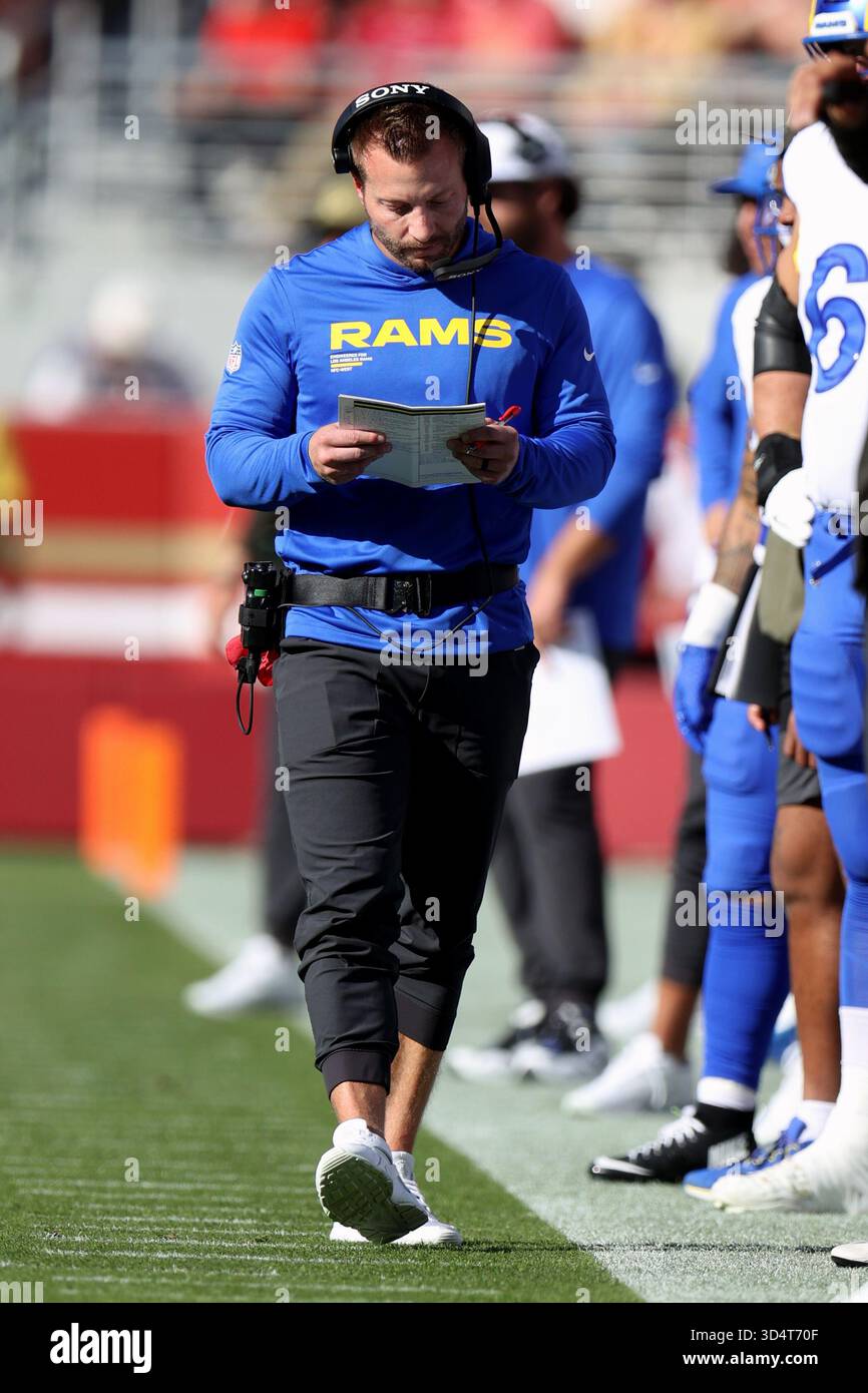 Los Angeles Rams head coach Sean McVay walks on the sideline during an ...