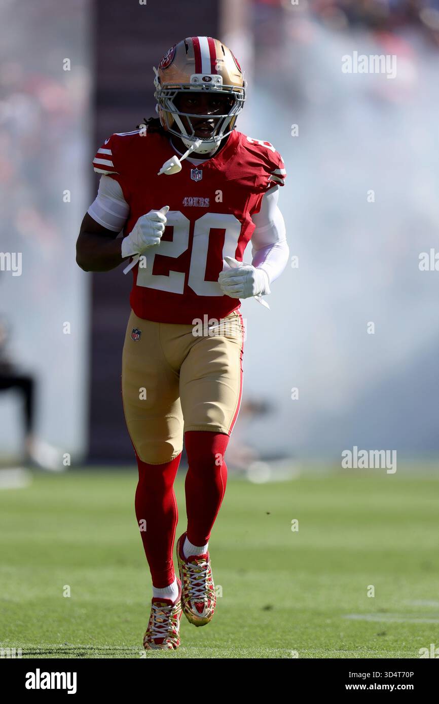San Francisco 49ers cornerback Upton Stout (20) runs onto the field ...
