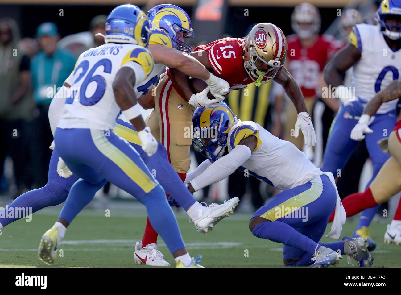 Los Angeles Rams linebacker Nate Landman (53) punches the ball from San ...